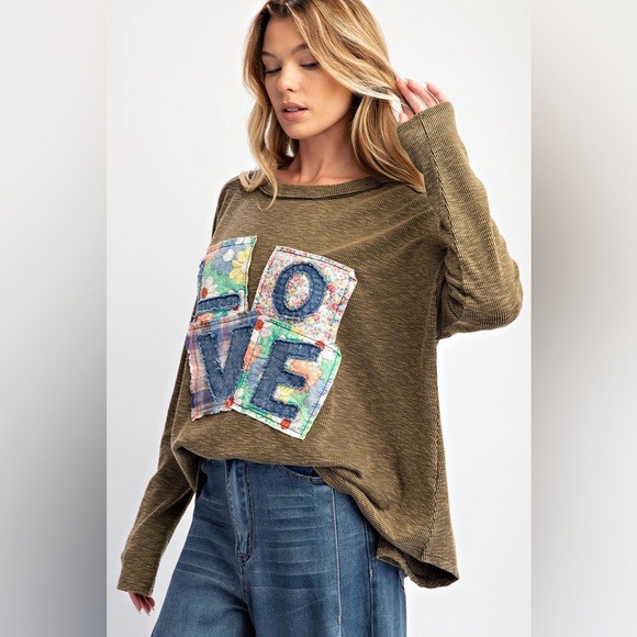 easel | Tops | 7 Easel Love Patch Long Sleeve Olive Green Long Sleeve ...